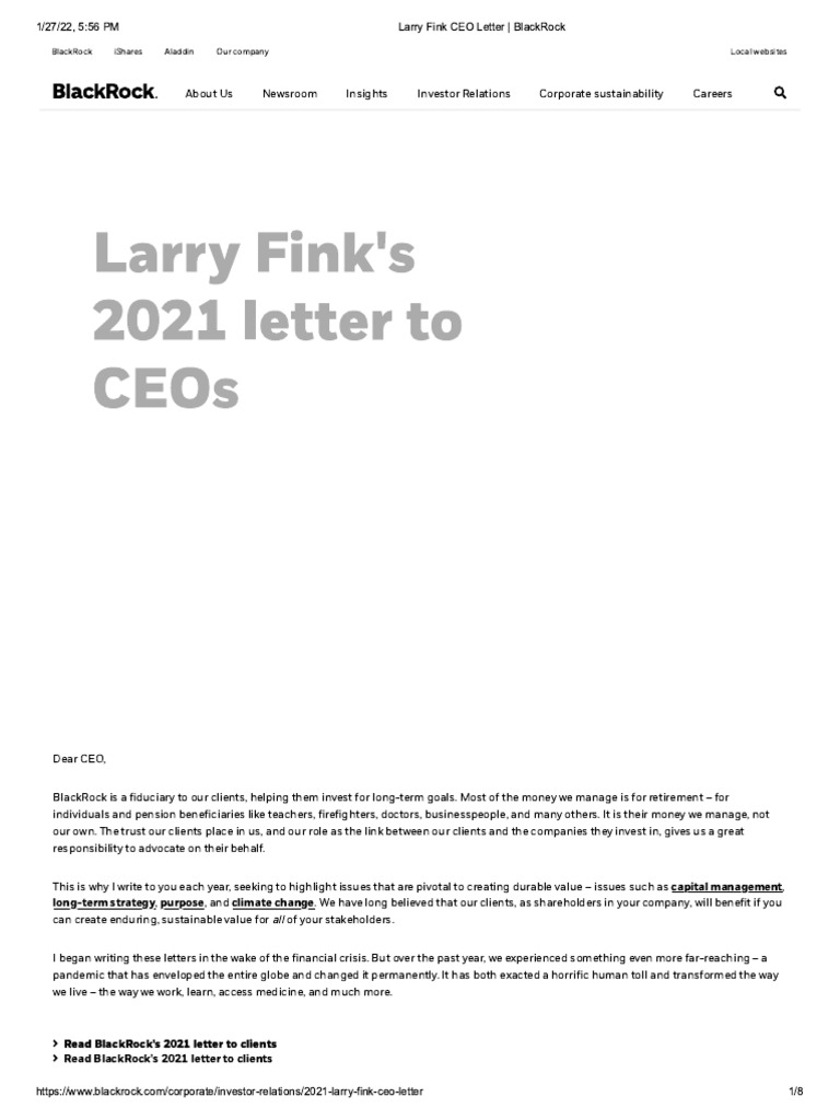Larry Fink CEO Letter - BlackRock 2021 | PDF