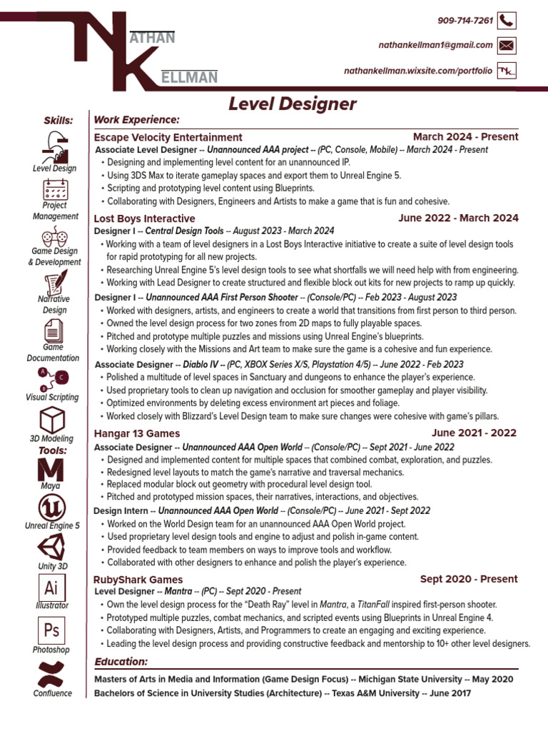 Nathan Kellman Resume Example Pdf Video Game Development Video