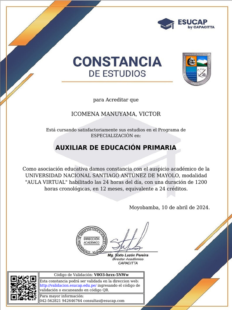 Constancia de Estudios en Auxiliar de Educación | PDF
