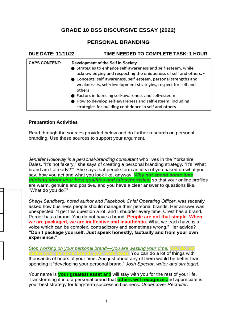 Gr10 DSS Discursive Essay - Personal Branding 2022 | PDF | Essays ...