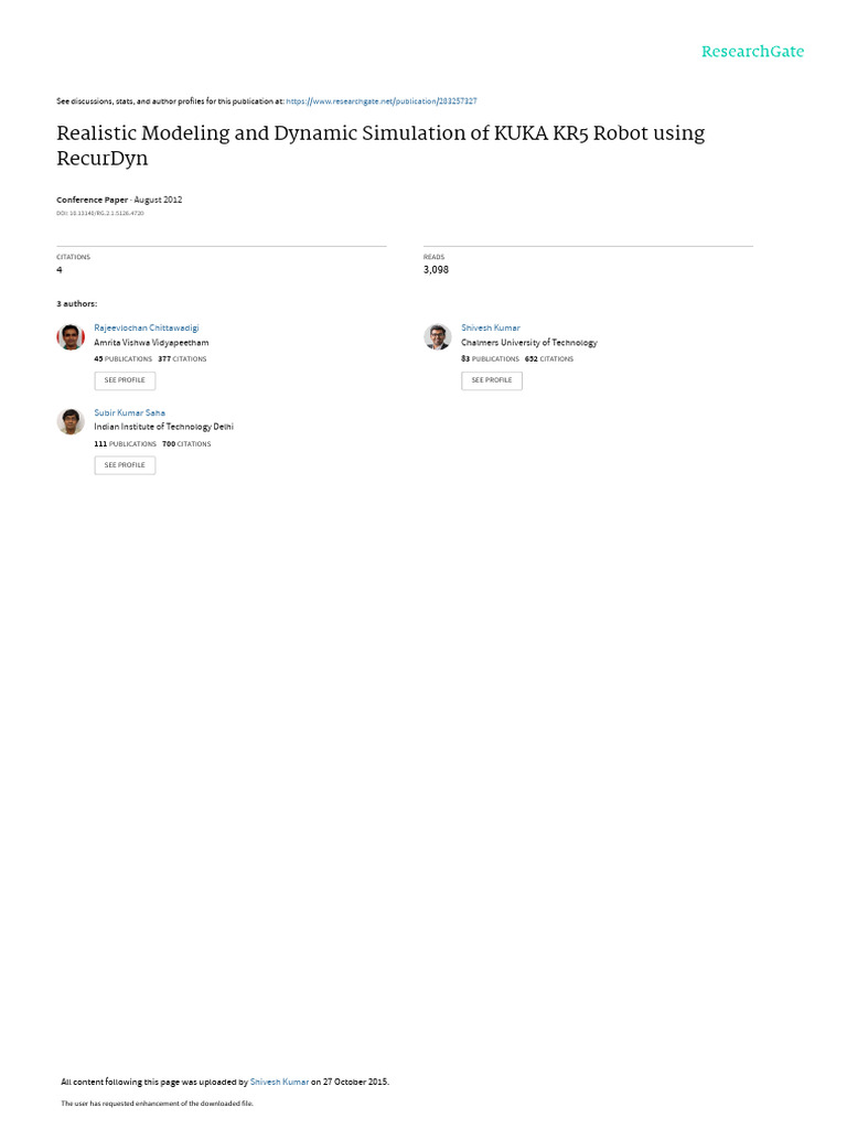 Realistic Modeling and Dynamic Simulation of KUKA KR5 Robot using RecurDyn | PDF | Simulation ...