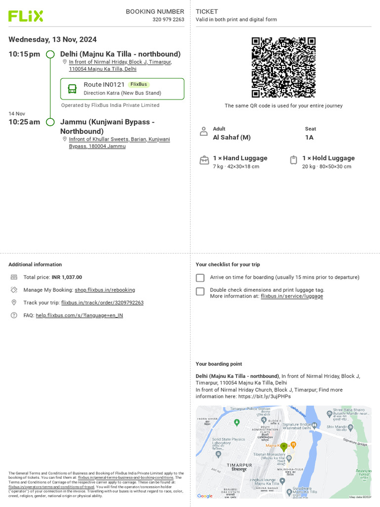 FlixBus Ticket: Delhi to Jammu Journey | PDF | Bus Transport | Transport