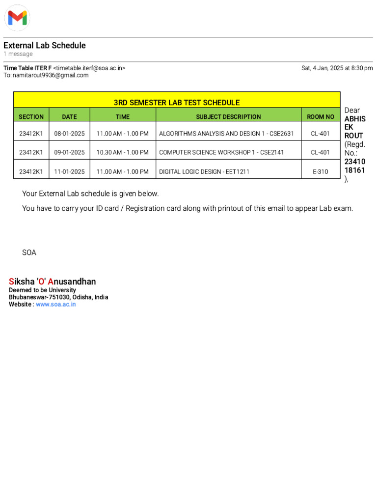 Gmail - External Lab Schedule | PDF