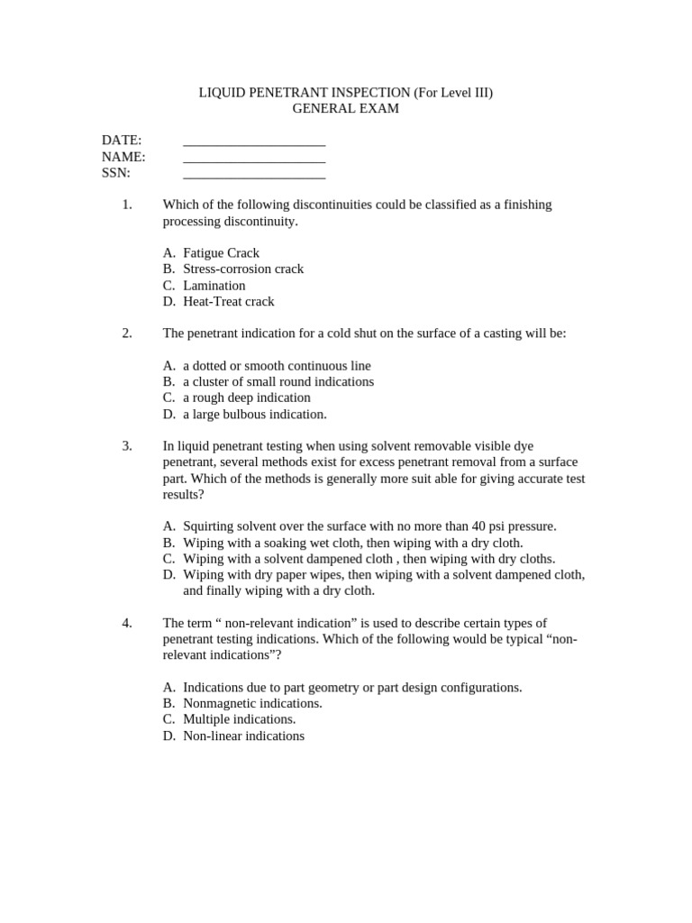 Liquid Penetrant Inspection Exam Guide | PDF | Nondestructive Testing ...