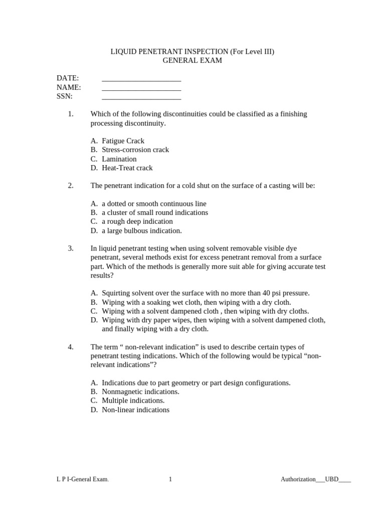 Liquid Penetrant Inspection Exam Guide | PDF | Nondestructive Testing ...