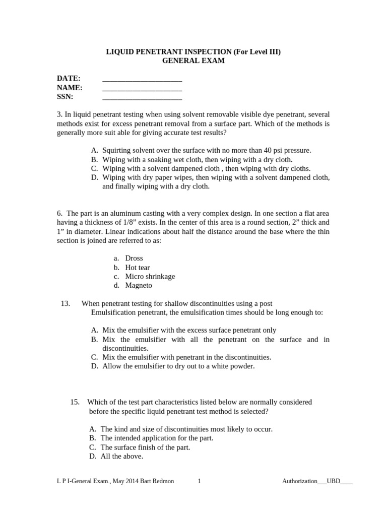 Liquid Penetrant Inspection Exam Guide | PDF | Nondestructive Testing ...