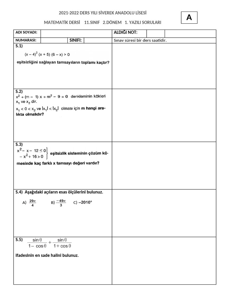 [05] 2021-2022 11. S n f Matematik 2. D nem 1. Yaz l Sorular 5 | PDF