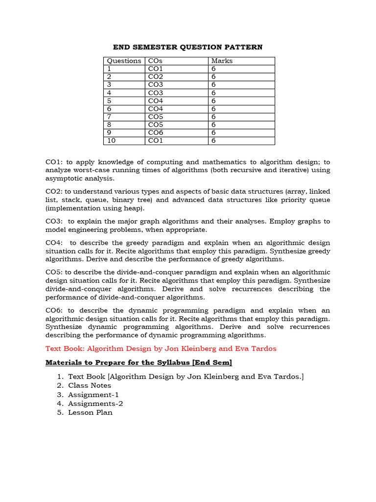 End Semester Question Pattern | PDF