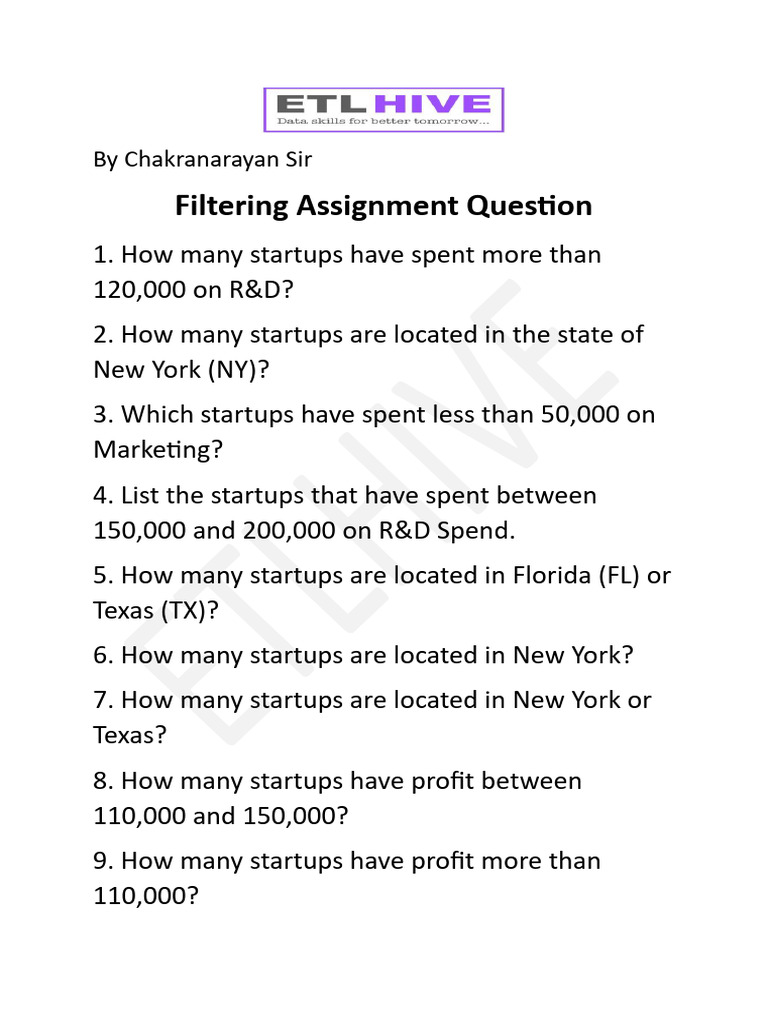 single_column_50Startups_Filtering_Assignment questions | PDF