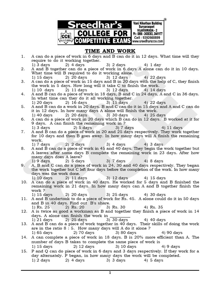 Arithmetic - Time and Work | PDF