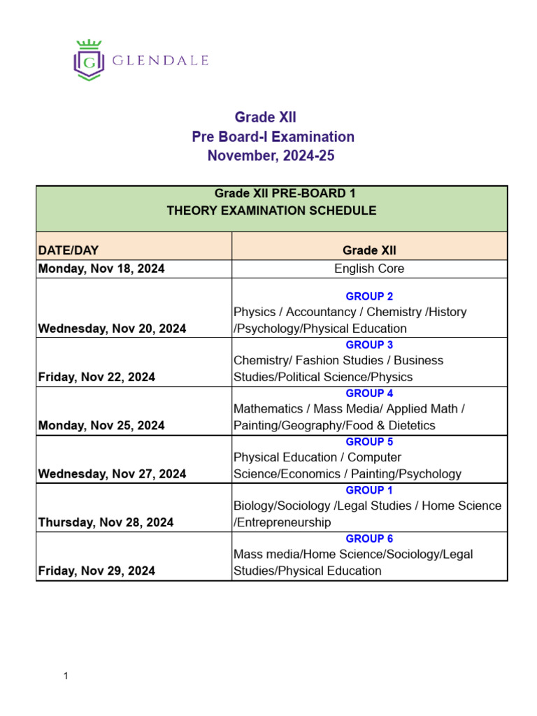 Grade XII Preboard 1 - Syllabus & Schedule - 2024-25 | PDF | Diet (Nutrition) | Diet & Nutrition