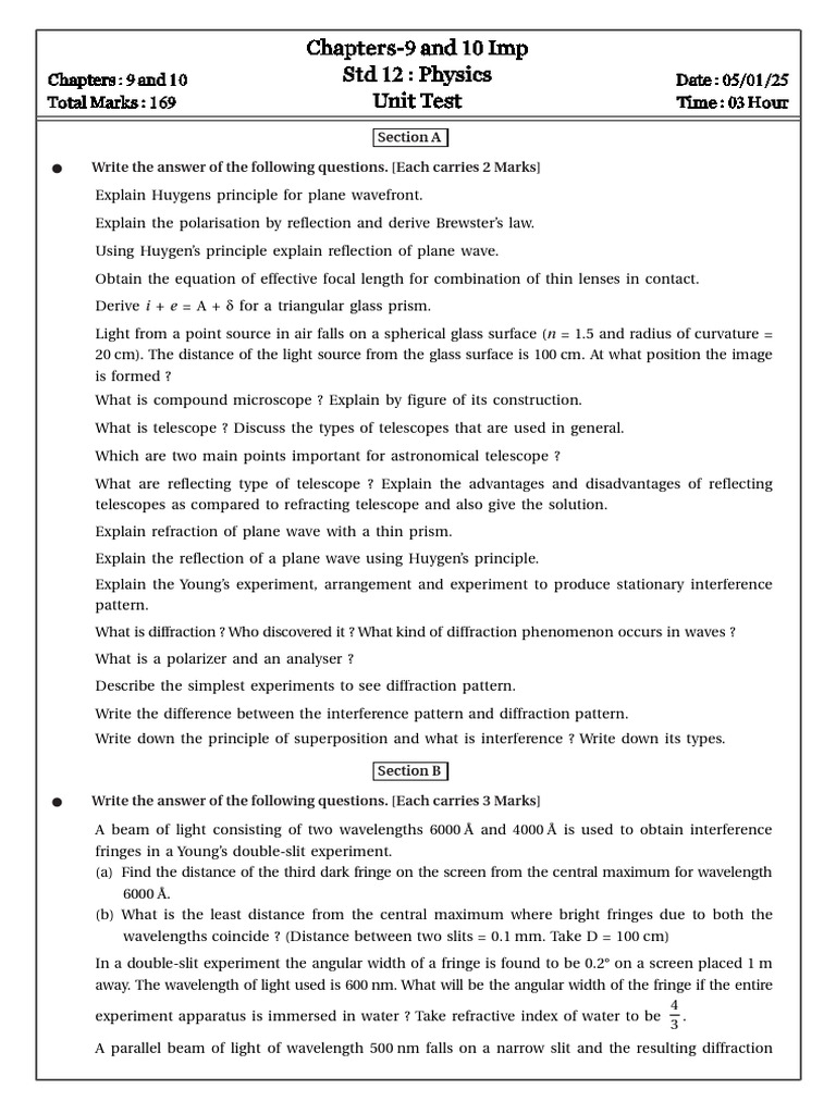 Physics Important Questions for Class 12th 9 and 10 | PDF | Diffraction | Wavelength