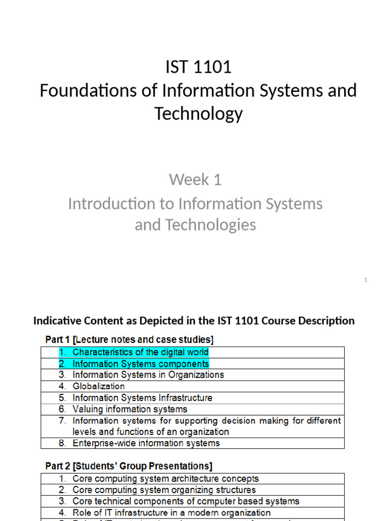 Week 1 - IST 1101 Course Outline and Introduction Notes | PDF | System ...
