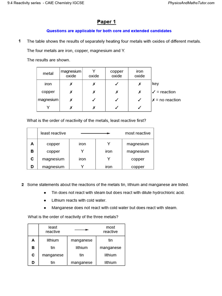 IGCSE Chemistry Reactivity Quiz | PDF | Zinc | Metals