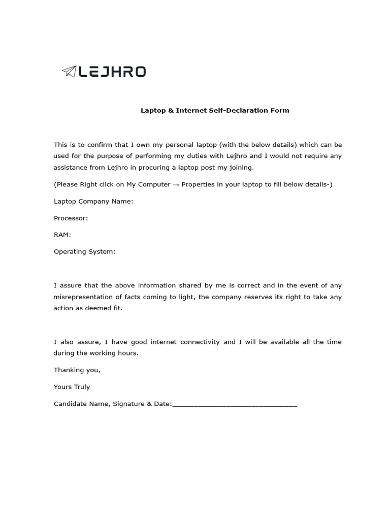 Lejhro-Laptop & Internet Declaration Form | PDF
