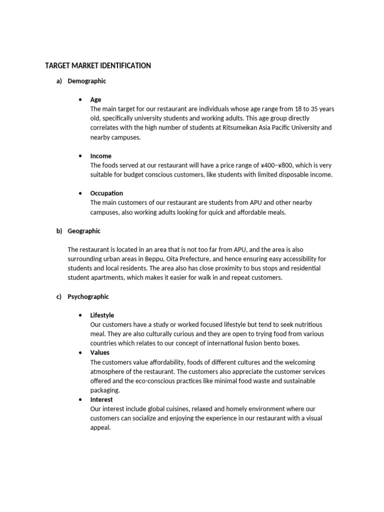 Target Market for Sekai Bento | PDF | Brand | Restaurants