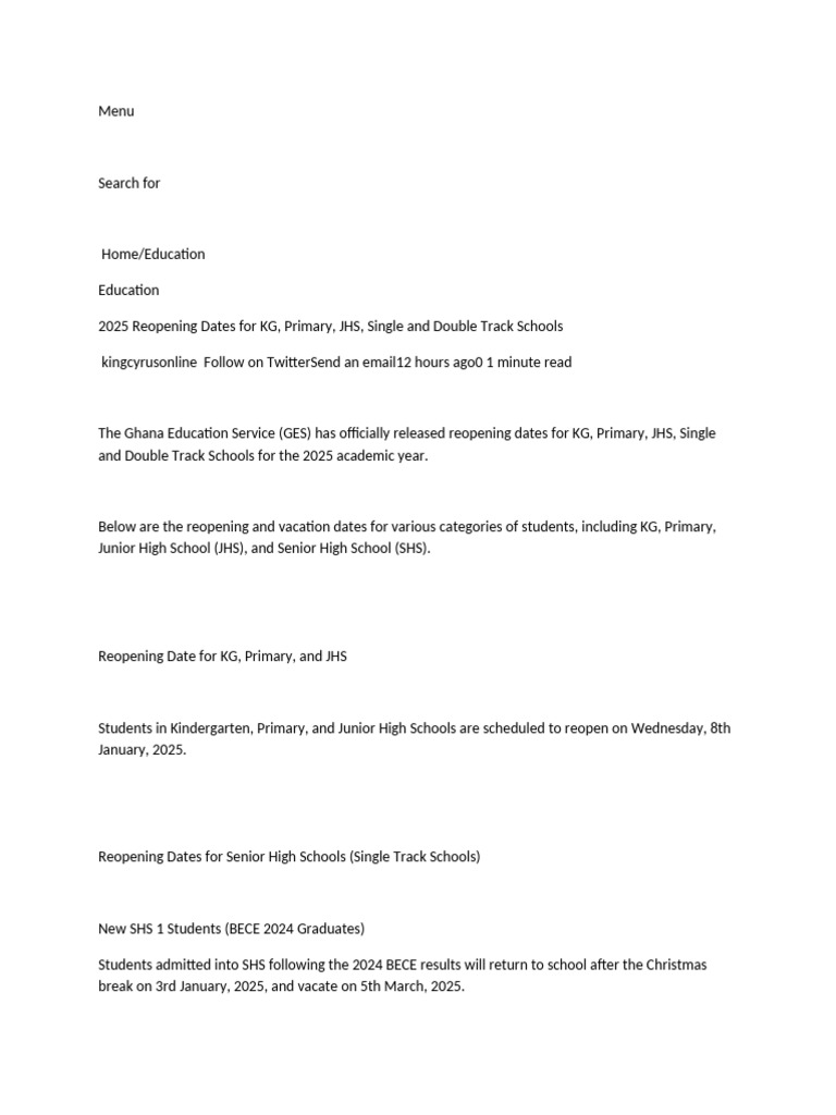 2025 Reopening Dates For KG, Primary, JHS, Single and Double Track ...