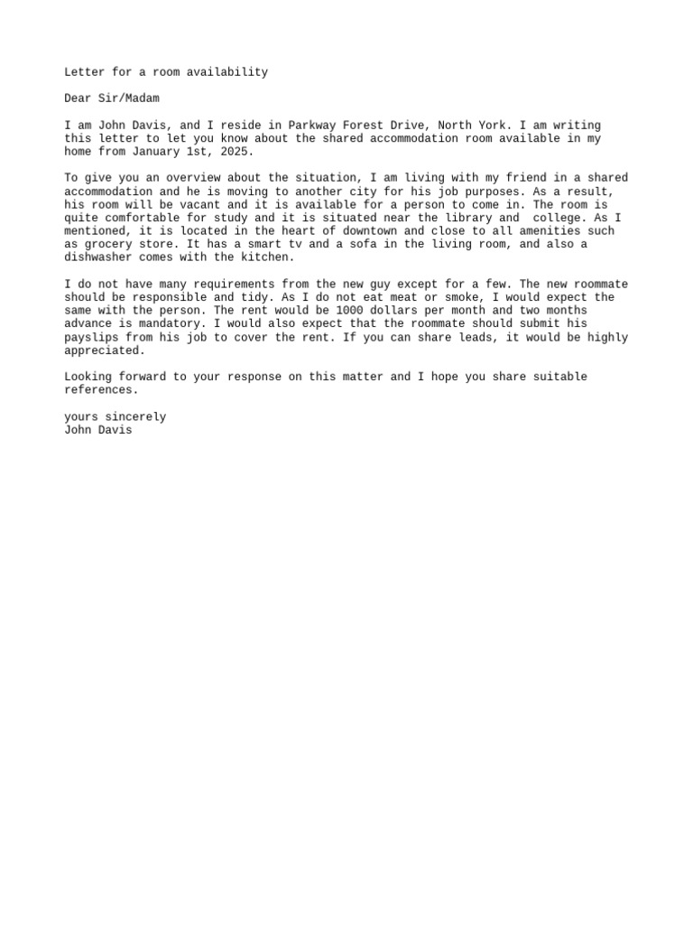 Letter For A Room Availability | PDF