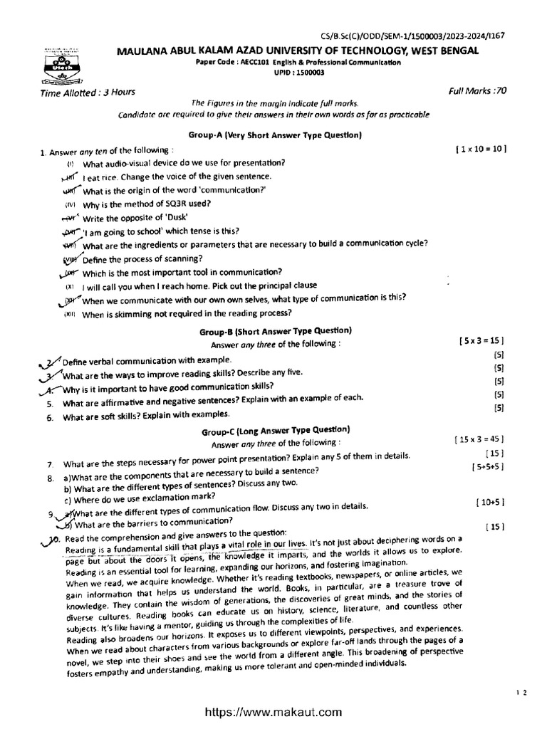 BSC 1 Sem English and Professional Communication Aecc101 2024 | PDF