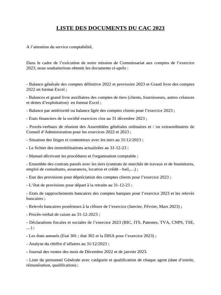 Documents requis pour le CAC 2023 | PDF | Comptabilité | Banques