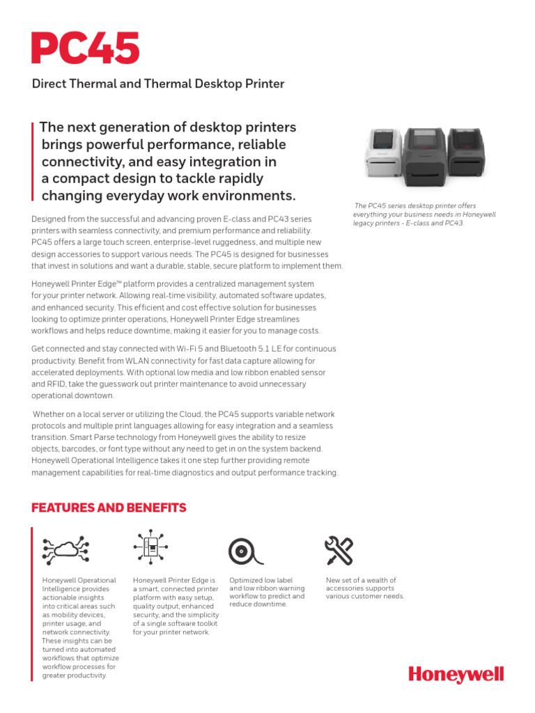 pc45 Direct Thermal and Thermal Transfer Desktop Printer Datasheet en | PDF | Printer (Computing ...