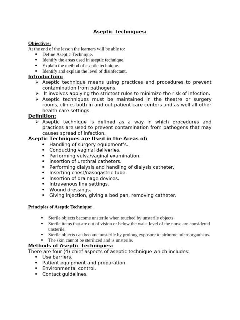Aseptic Technique Principles And Practices Pdf Sterilization