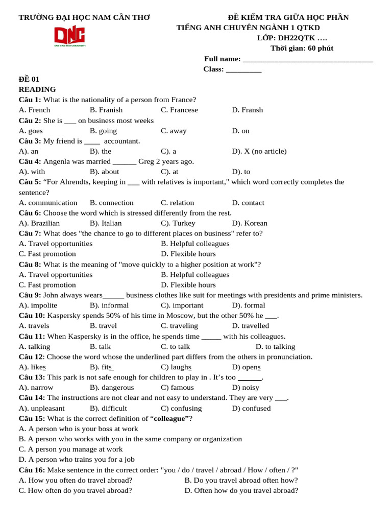 Đề Kiểm Tra Giữa Học Phần Dh22qtk Avcn 1 | PDF | Question | Grammar