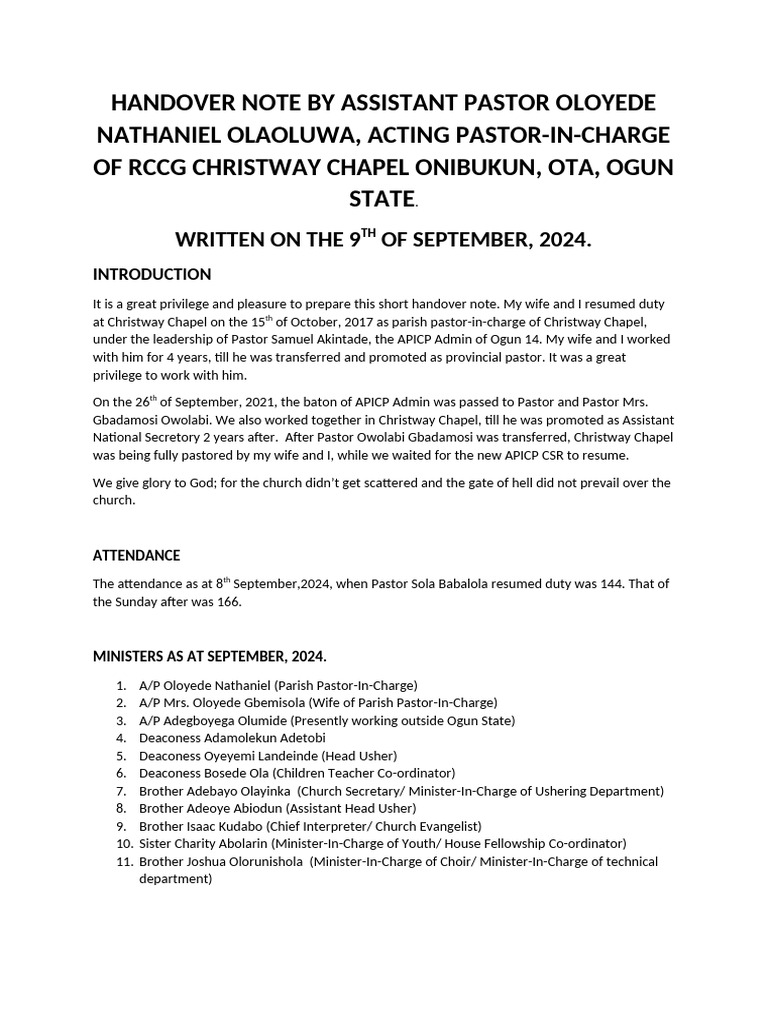 Handover Note by Assistant Pastor Oloyede Nathaniel Olaoluwa | PDF
