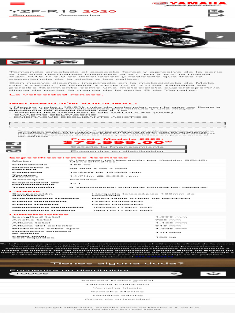 YZF R15 2020 Yamaha Motor México | PDF | Motocicleta | Vehículo de motor