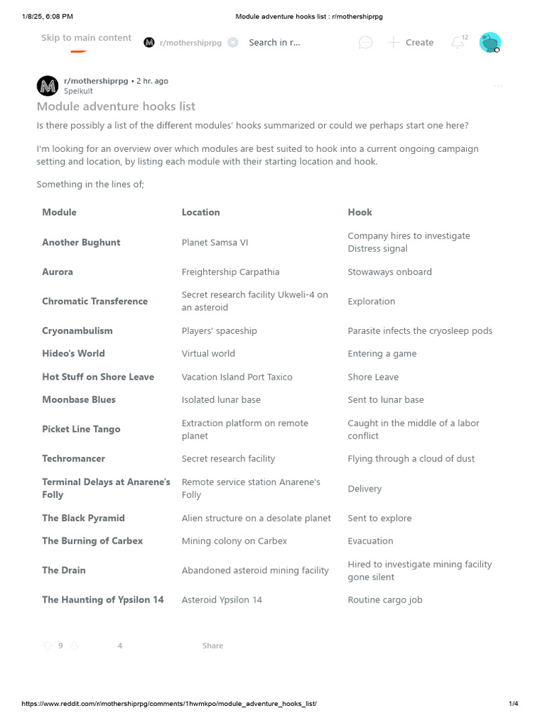 Module Adventure Hooks List - R - Mothershiprpg | PDF