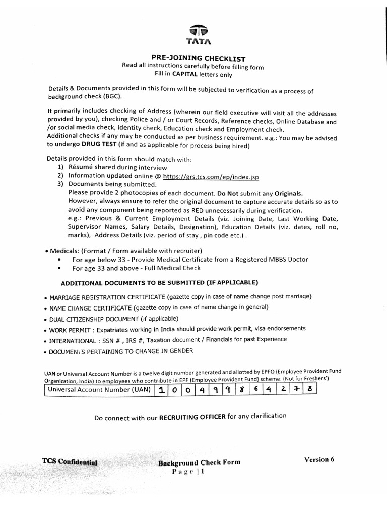 Pre-Joining Checklist & BGC Form v-6 | PDF