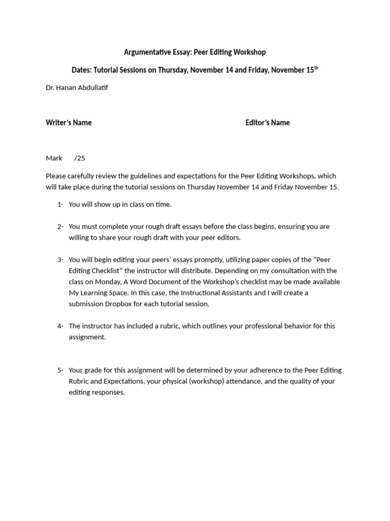 Peer Editing Workshop - Guidelines and Questions | PDF | Essays | Peer ...