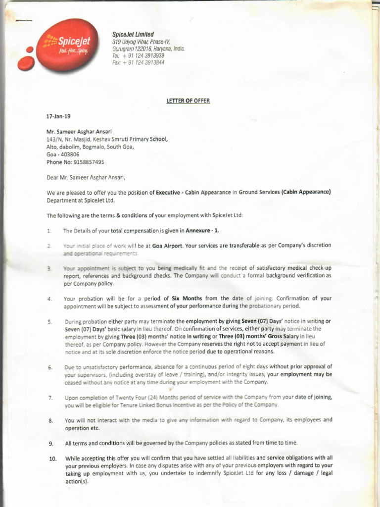 Spicejet Offer Letter | PDF