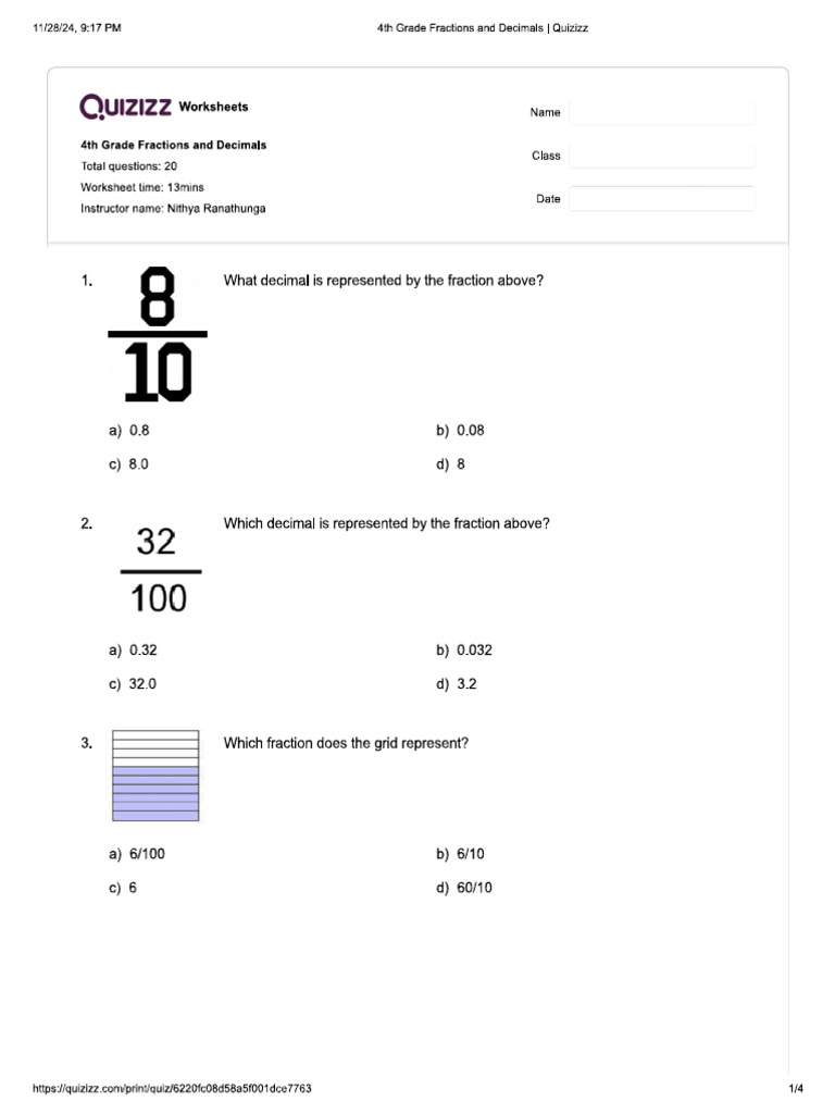 4th Grade Fractions and Decimals - Quizizz-Merged | PDF