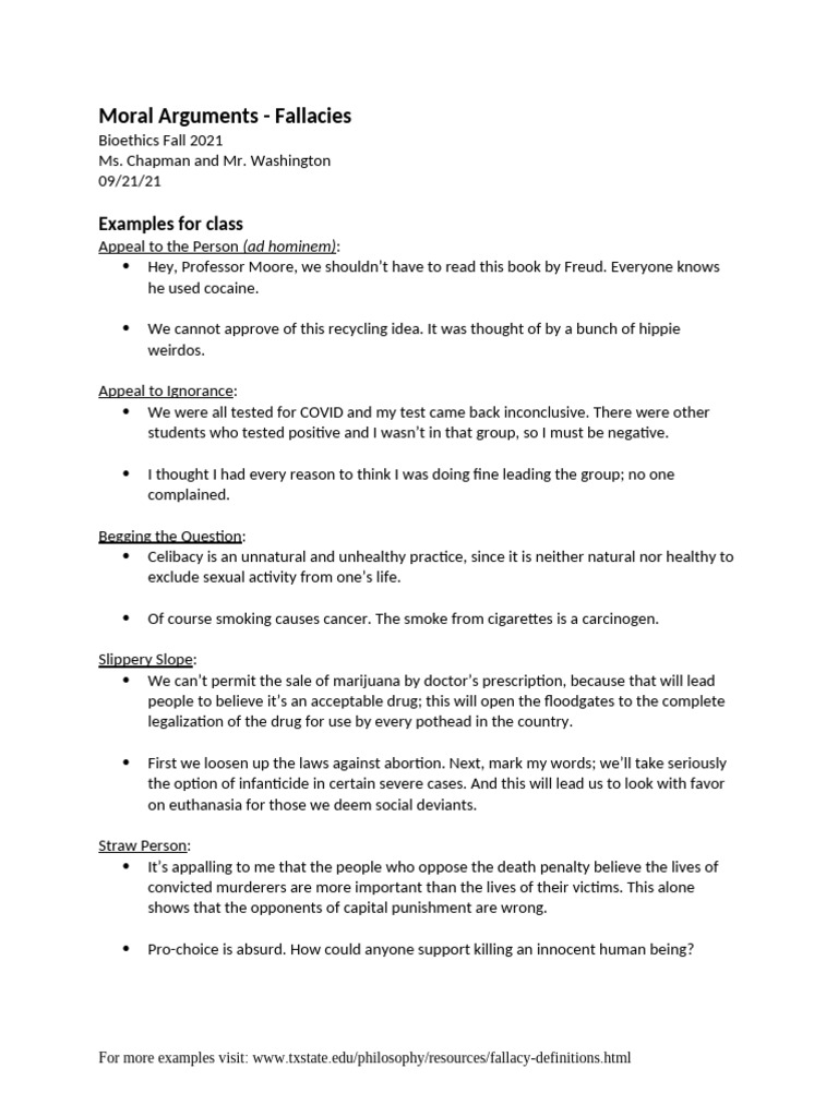 BioEthics F21 - Fallacy Examples | PDF