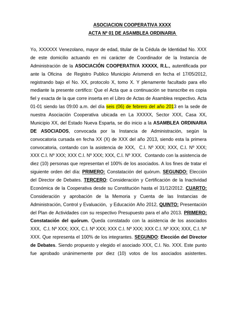 Acta de Asamblea Ordinaria Sin Actividad | PDF | Gobierno