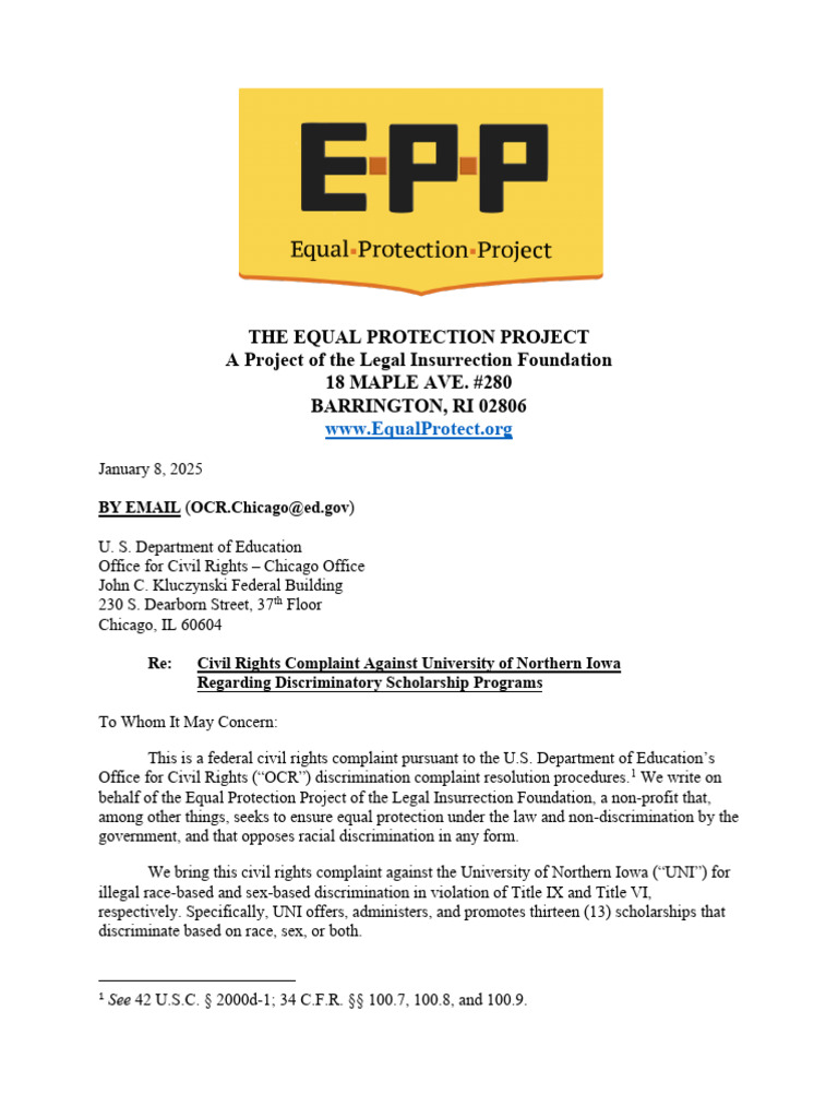 FINAL_OCR Complaint - University of Northern Iowa | PDF | Equal Protection Clause | Strict Scrutiny