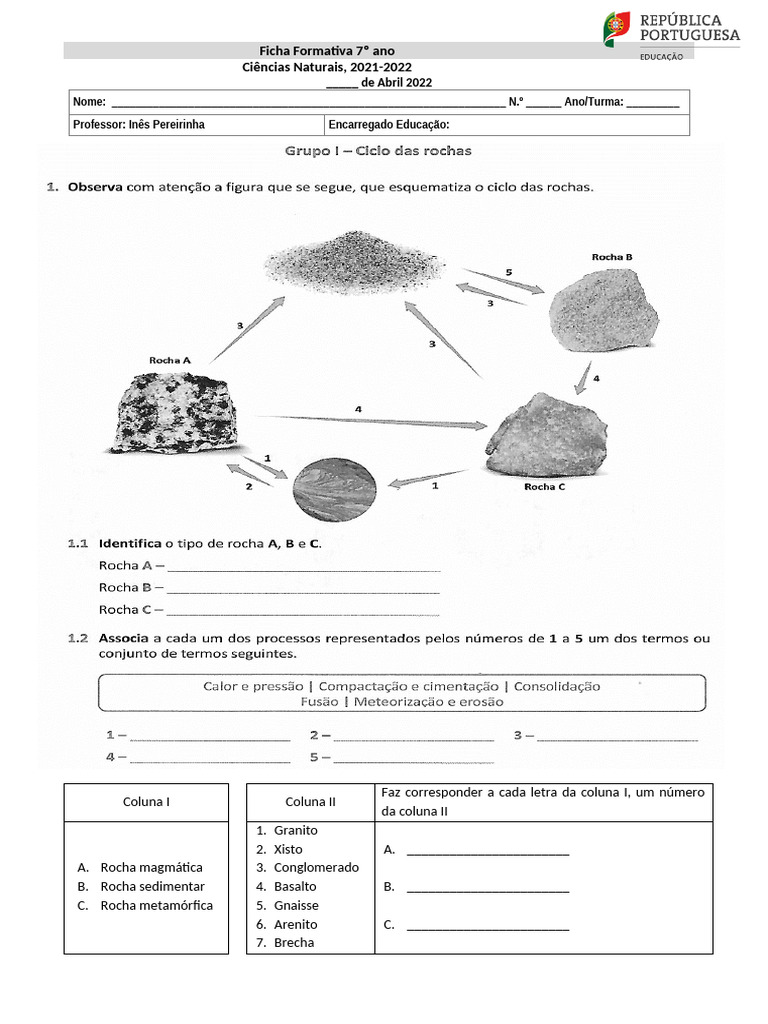 Ciclo das Rochas: Ficha Formativa 7º Ano | PDF | Rochas (Geologia ...