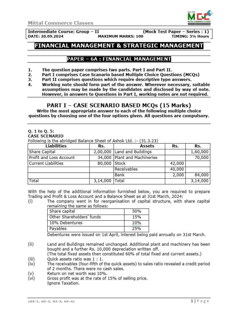 CA Intermediate Mock Test | PDF | Capital Structure | Equity (Finance)