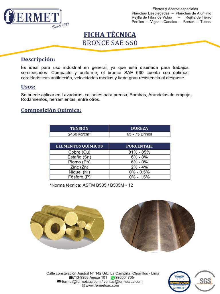 Ficha Técnica del Bronce SAE 660 | PDF