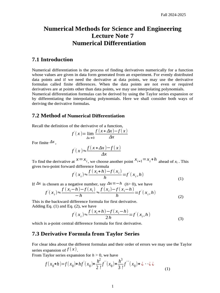 CH-7-Numerical Differentiation - Fall - 24-25 | PDF | Finite Difference | Mathematics