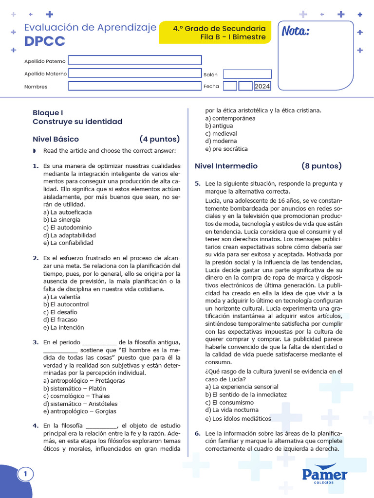 I Bim - 4to - Grado - DPCC - Fila B | PDF | Facebook | Aristóteles