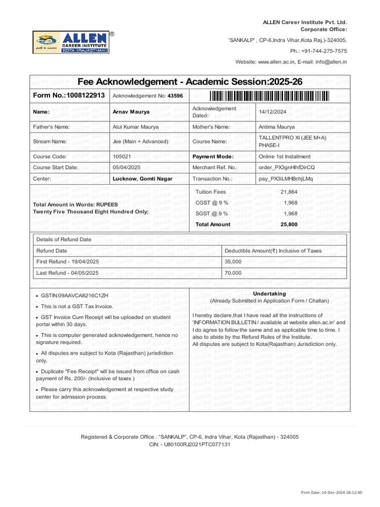 Fee Acknowledgement for JEE Course 2025-26 | PDF | Receipt | Payments