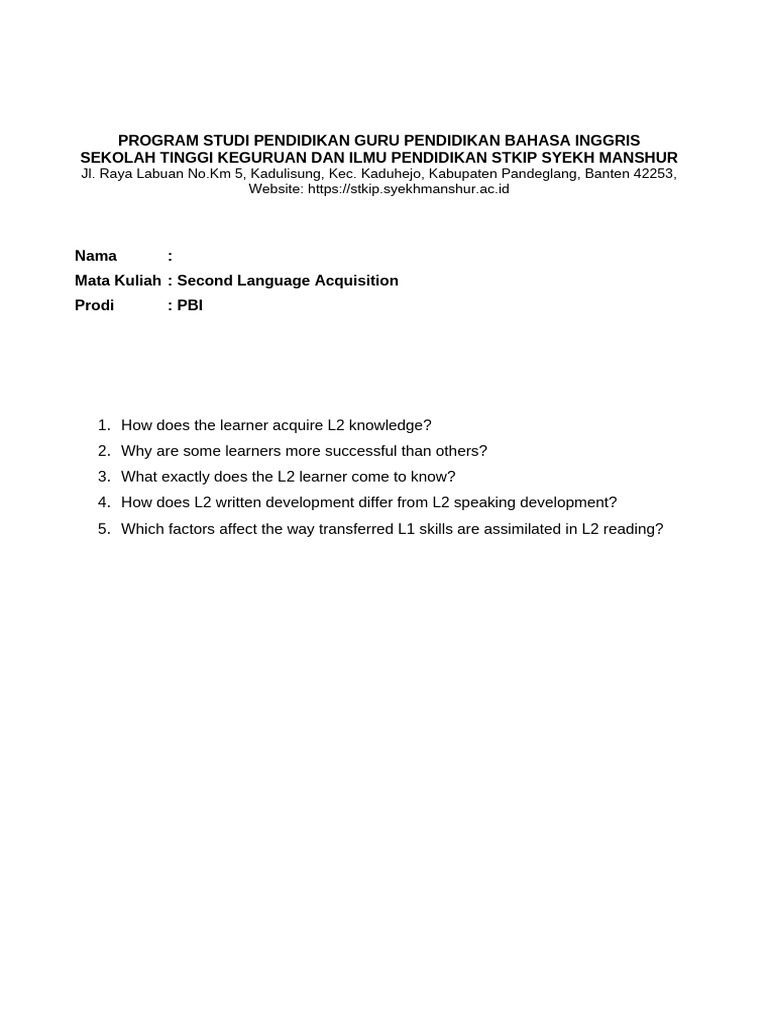 UAS Second Language Acquisition | PDF