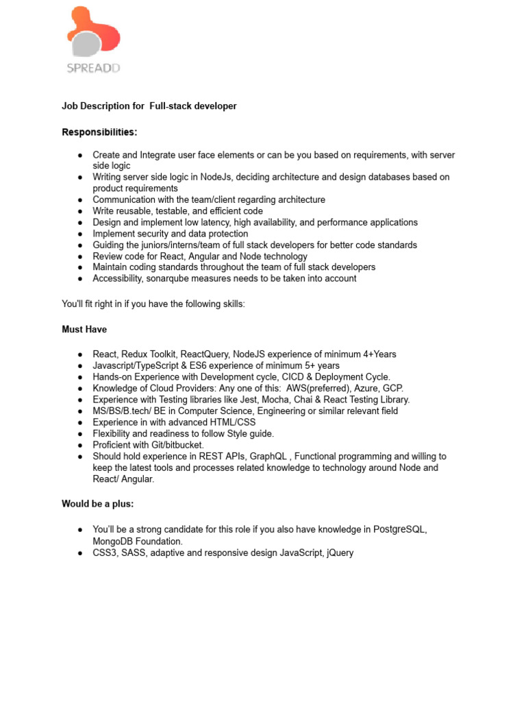 Full-Stack Developer Job Description | PDF | Java Script | Computing