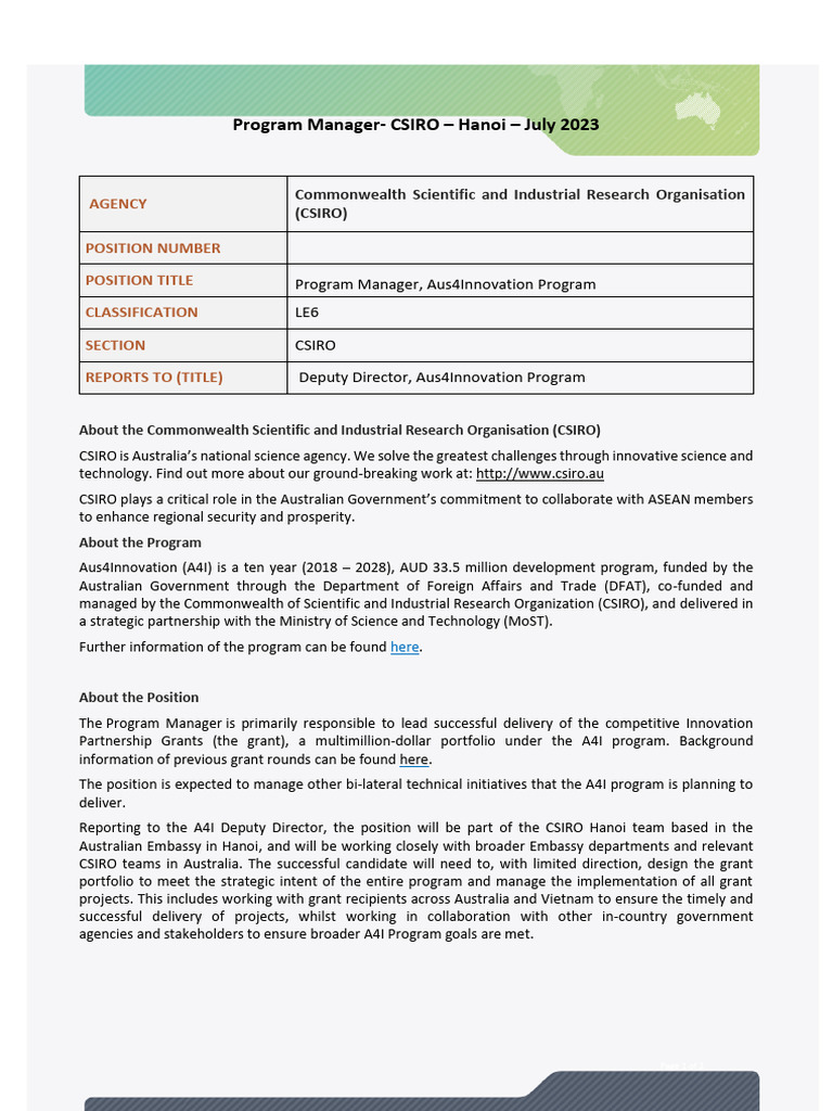 Hanoi - PD - Program Manager - LE6 - AUS4INNOVATION | PDF | Project Management | Business