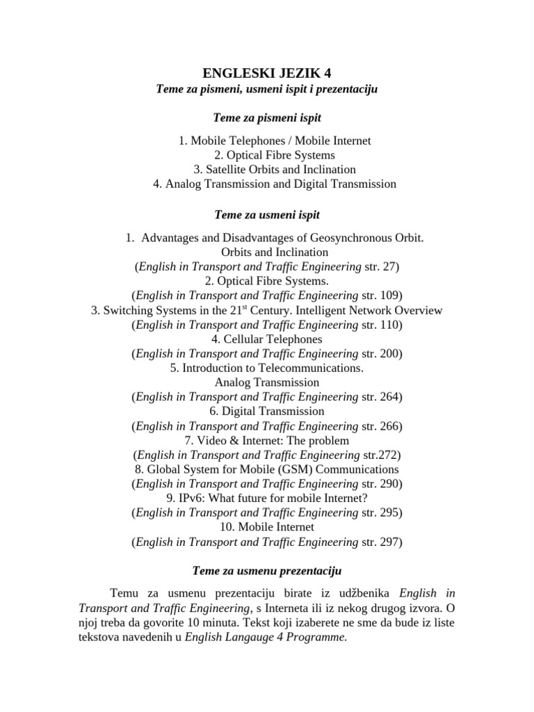 ENGLESKI JEZIK 4 - Teme Za Pismeni I Usmeni Ispit I Prezentaciju | PDF