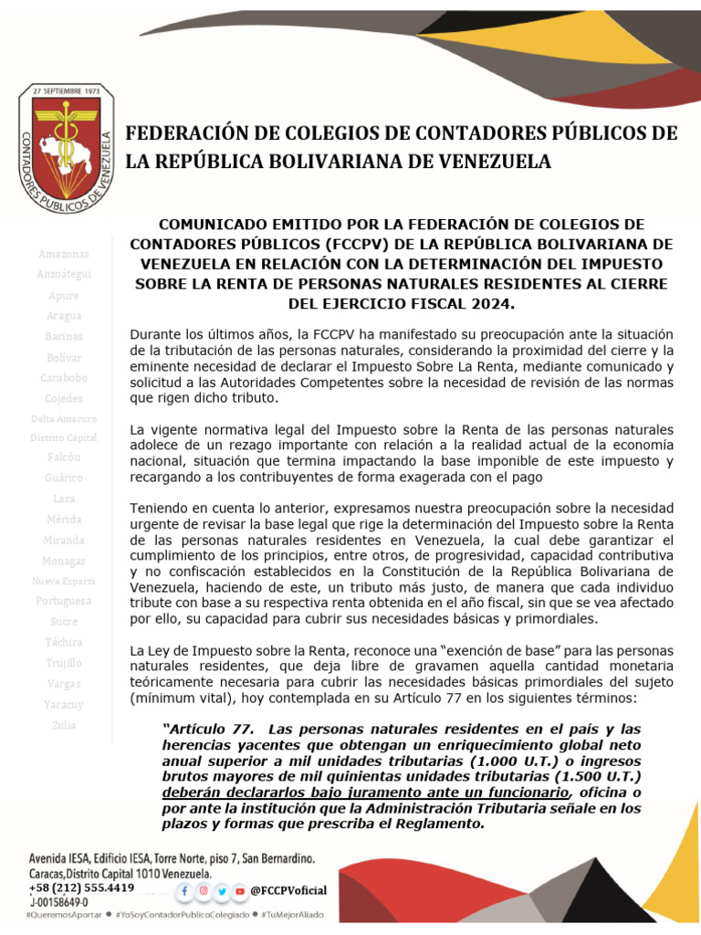 COMUNICADO FCCPV DETERMINACION ISLR PNR 2024 | PDF | Impuestos | Venezuela