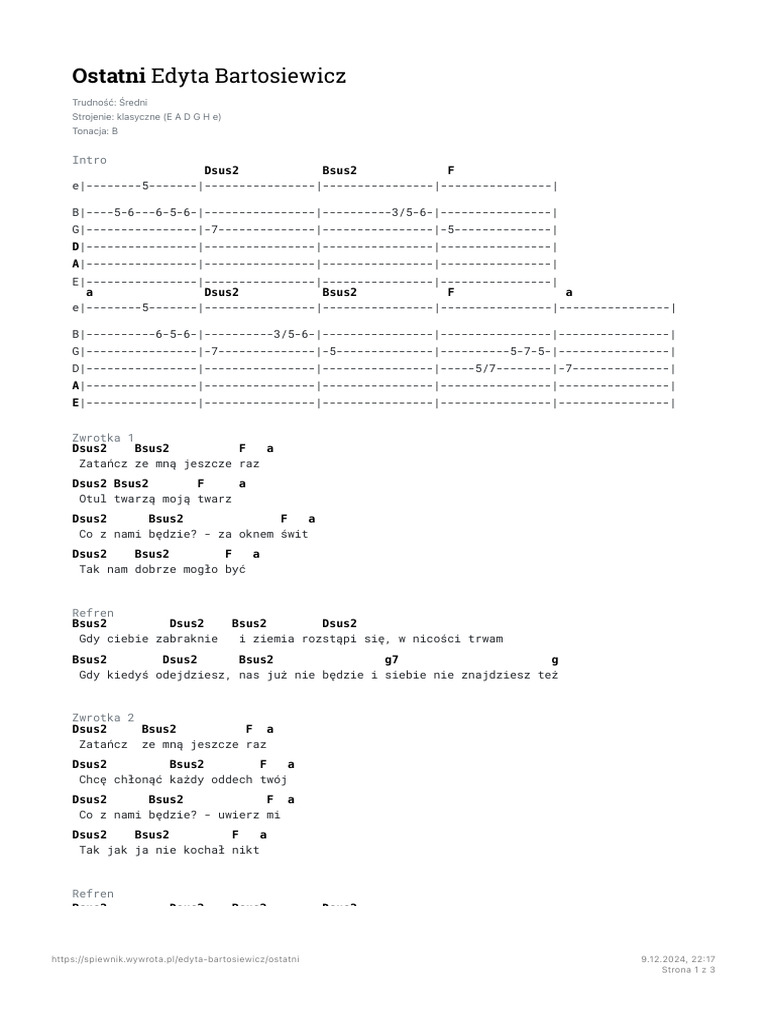 Ostatni - Edyta Bartosiewicz, Chwyty Na Gitarę | PDF