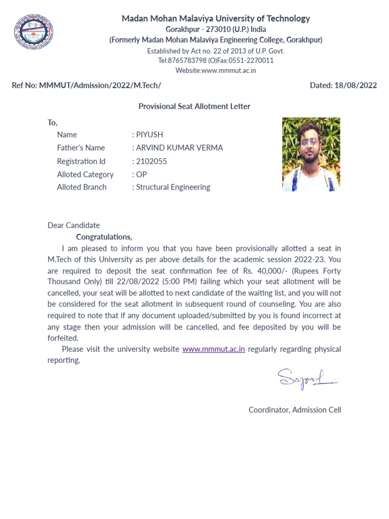 MMMUT M.Tech Provisional Allotment 2022 | PDF